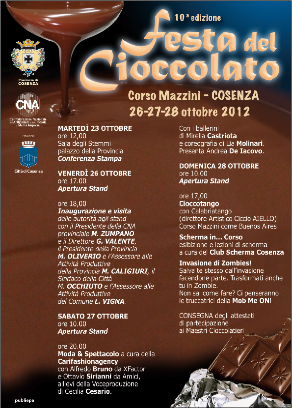 Cosenza: dal 26 al 28 ottobre ritorna la Festa del Cioccolato